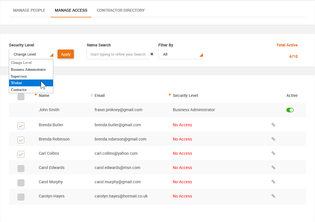 Setting a users access level