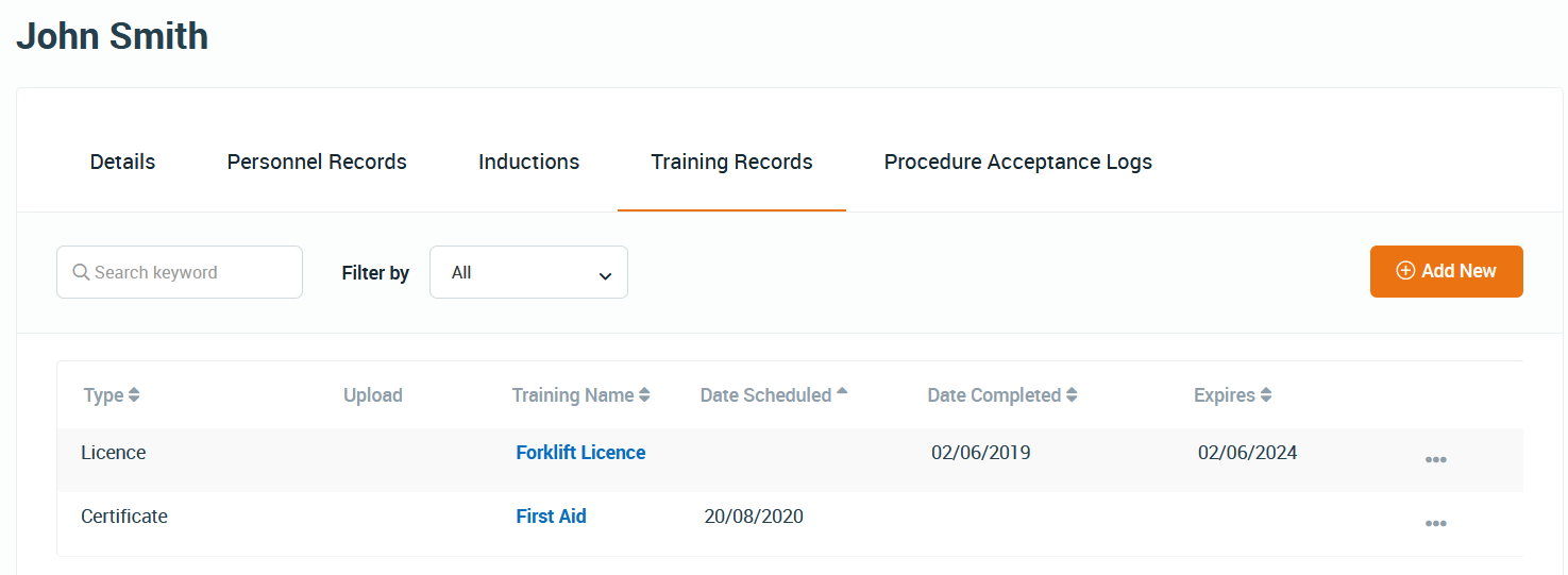 Viewing a training record for a User